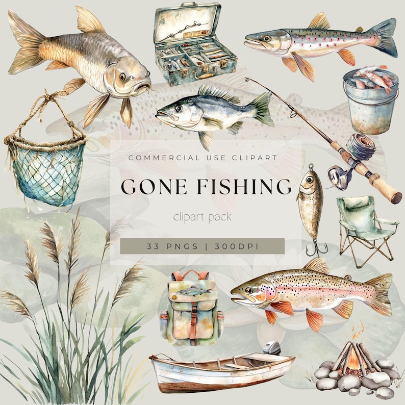 Watercolor Fishing Clipart Set, Nursery Decor (PNG, Digital Download ...