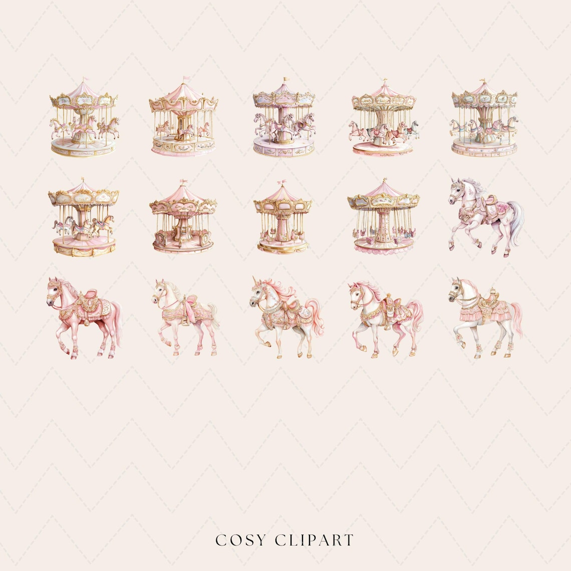 Watercolor Pink Carousel Clipart Whimsical Horse Nursery Decor ...