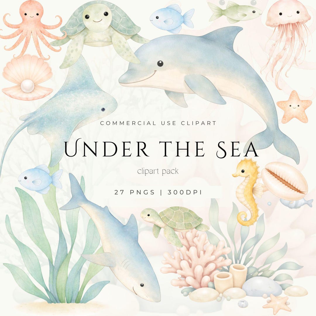 Watercolor Sea Life Clipart, Marine Animals PNG (digital Download ...