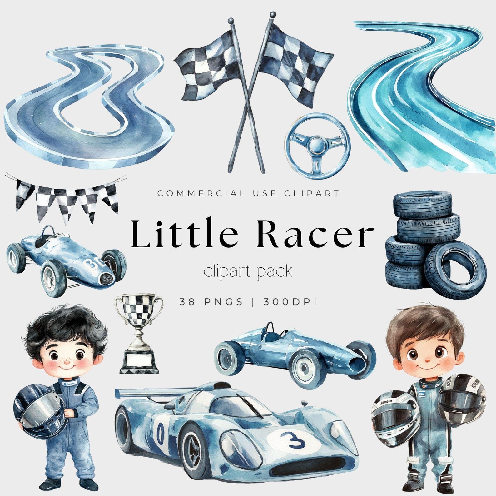Watercolor Little Racer Clipart, Blue Racecar Nursery Decor Baby Shower ...