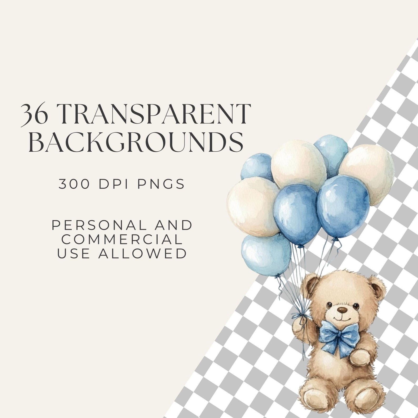Watercolor Teddy Bear Clipart Bundle, Blue Balloons, Nursery Decor (PNG ...