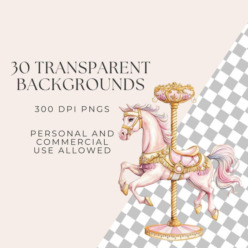 Watercolor Pink Carousel Clipart Whimsical Horse Nursery Decor ...