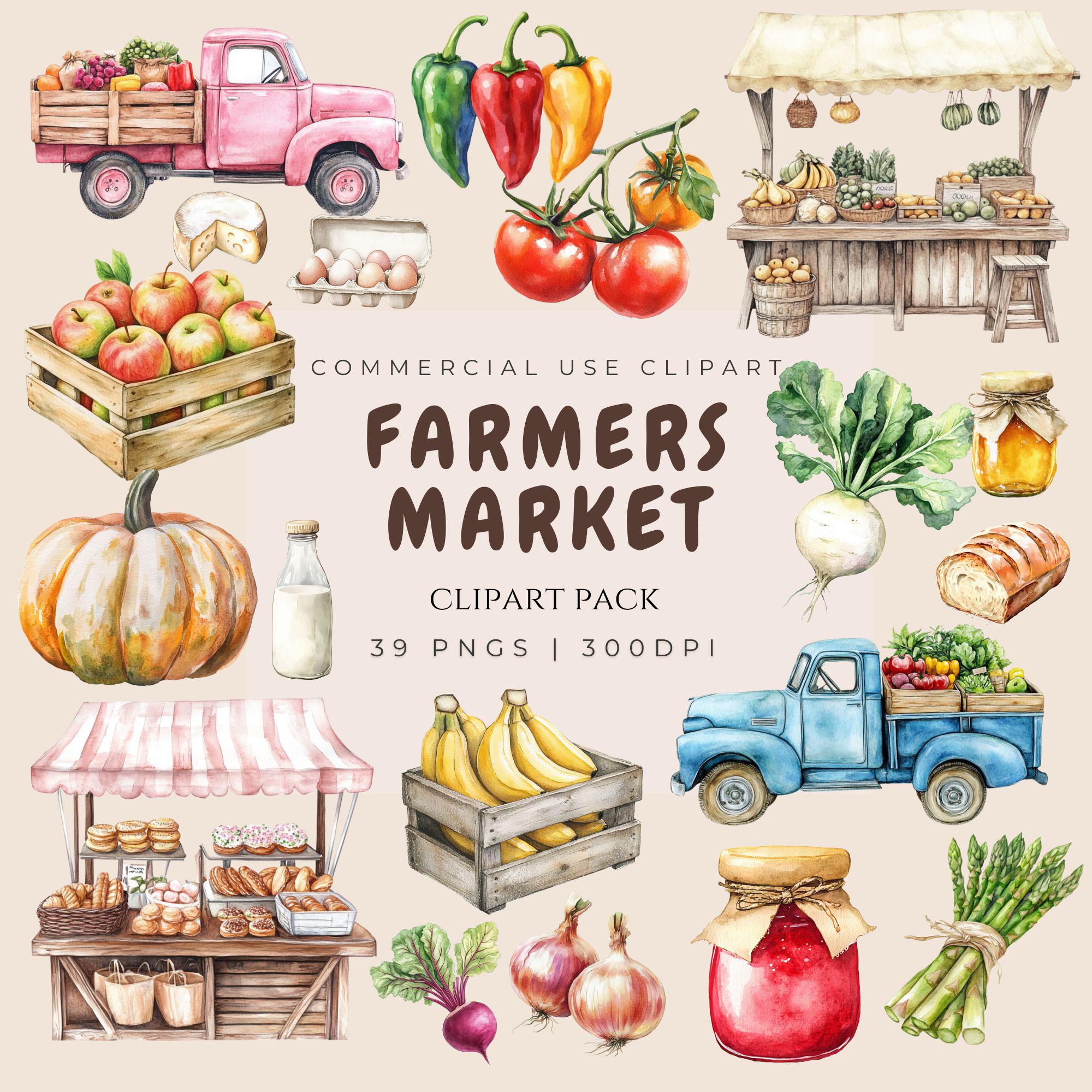 Watercolor Farmers Market Clipart, Fruit, Vegetables, Flowers (PNG ...