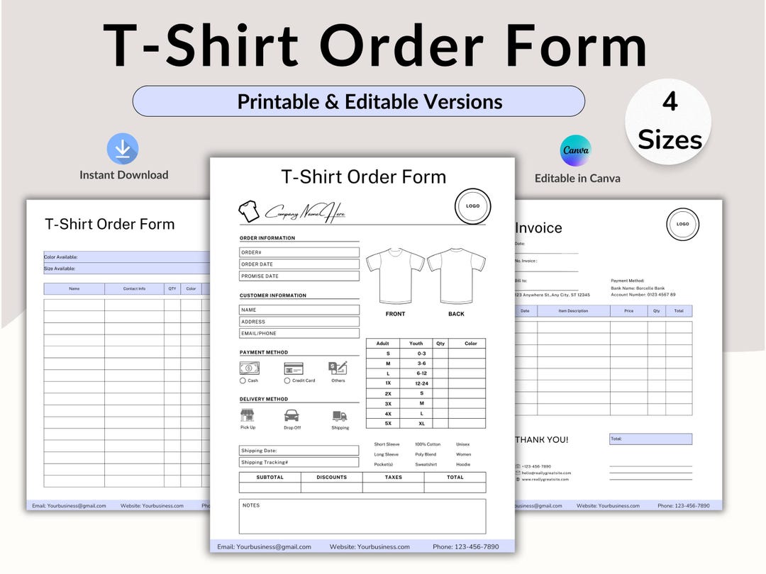 Editable T Shirt Order Form, T Shirt Invoice Template, Shirt Order ...