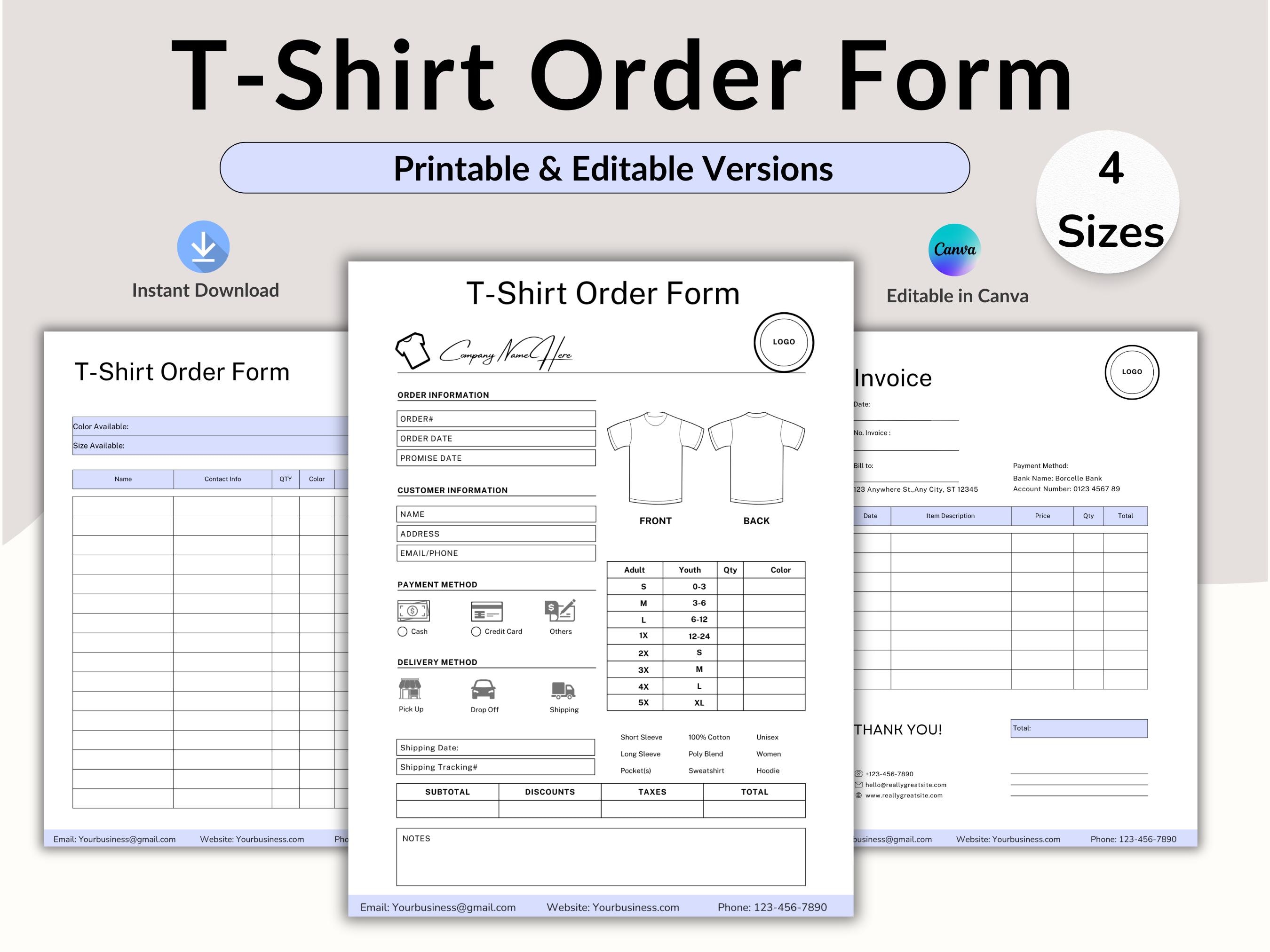Editable T Shirt Order Form, T Shirt Invoice Template, Shirt Order ...