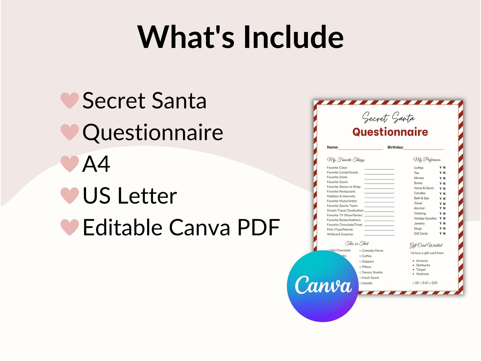 Printable Secret Santa Questionnaire, Gift Questionnaire, Secret Santa ...