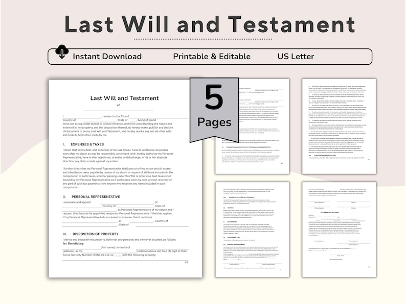 Last Will and Testament, End of Life Planner, Legal Document, Simple ...