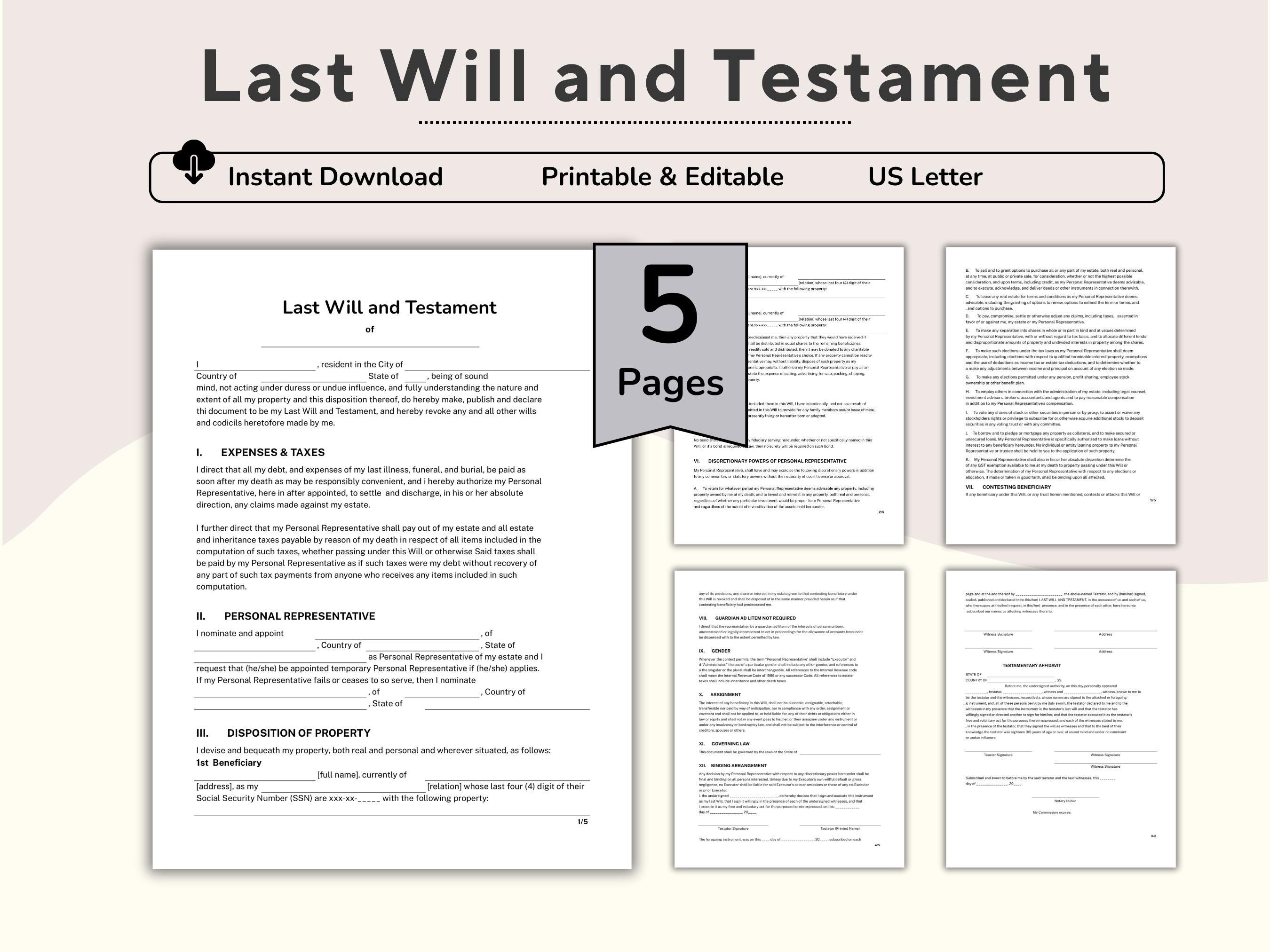 Last Will and Testament, End of Life Planner, Legal Document, Simple ...