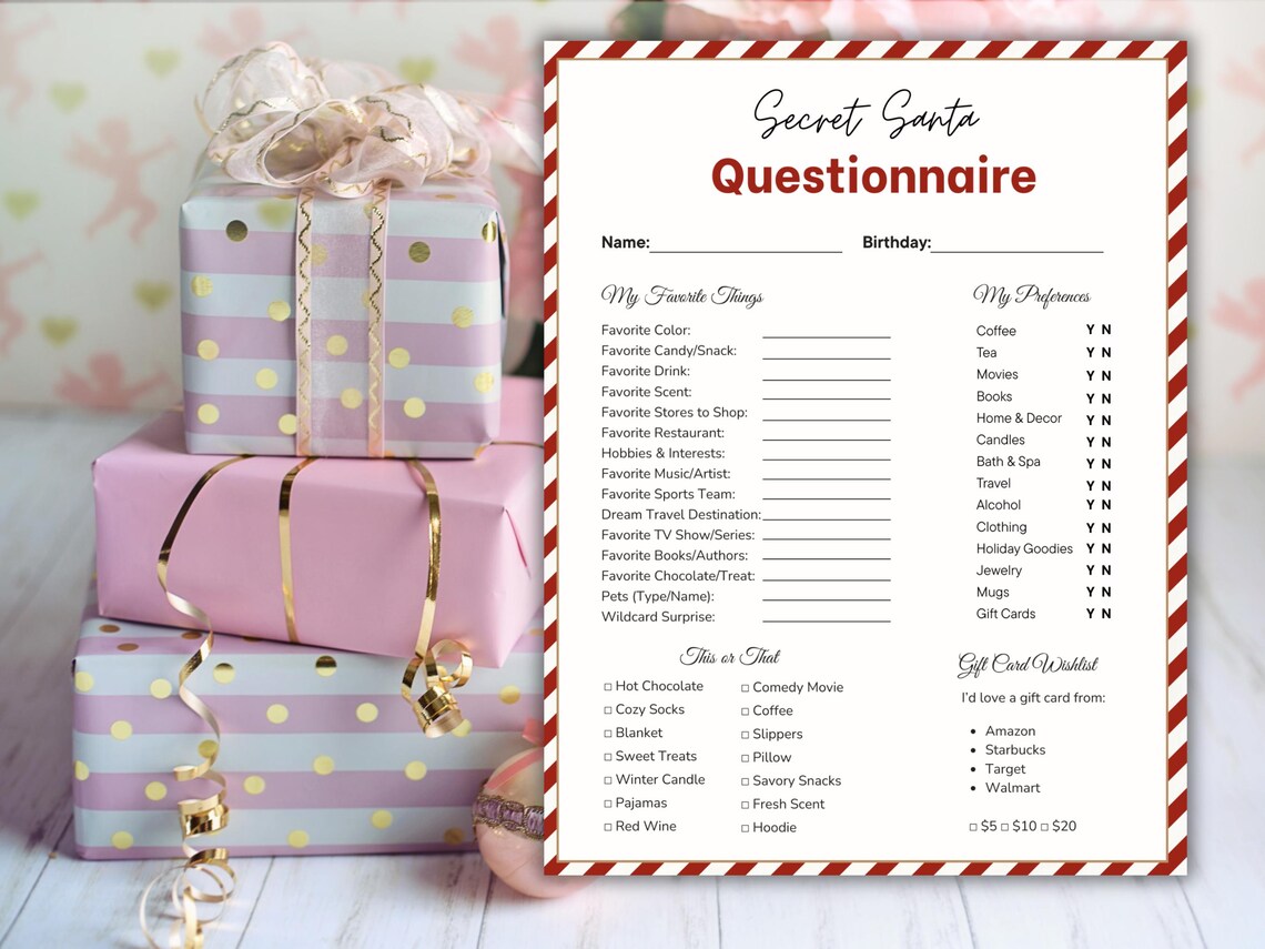 Printable Secret Santa Questionnaire, Gift Questionnaire, Secret Santa ...