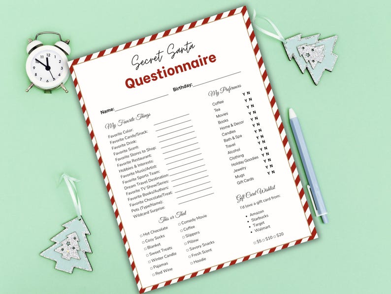 Printable Secret Santa Questionnaire, Gift Questionnaire, Secret Santa ...