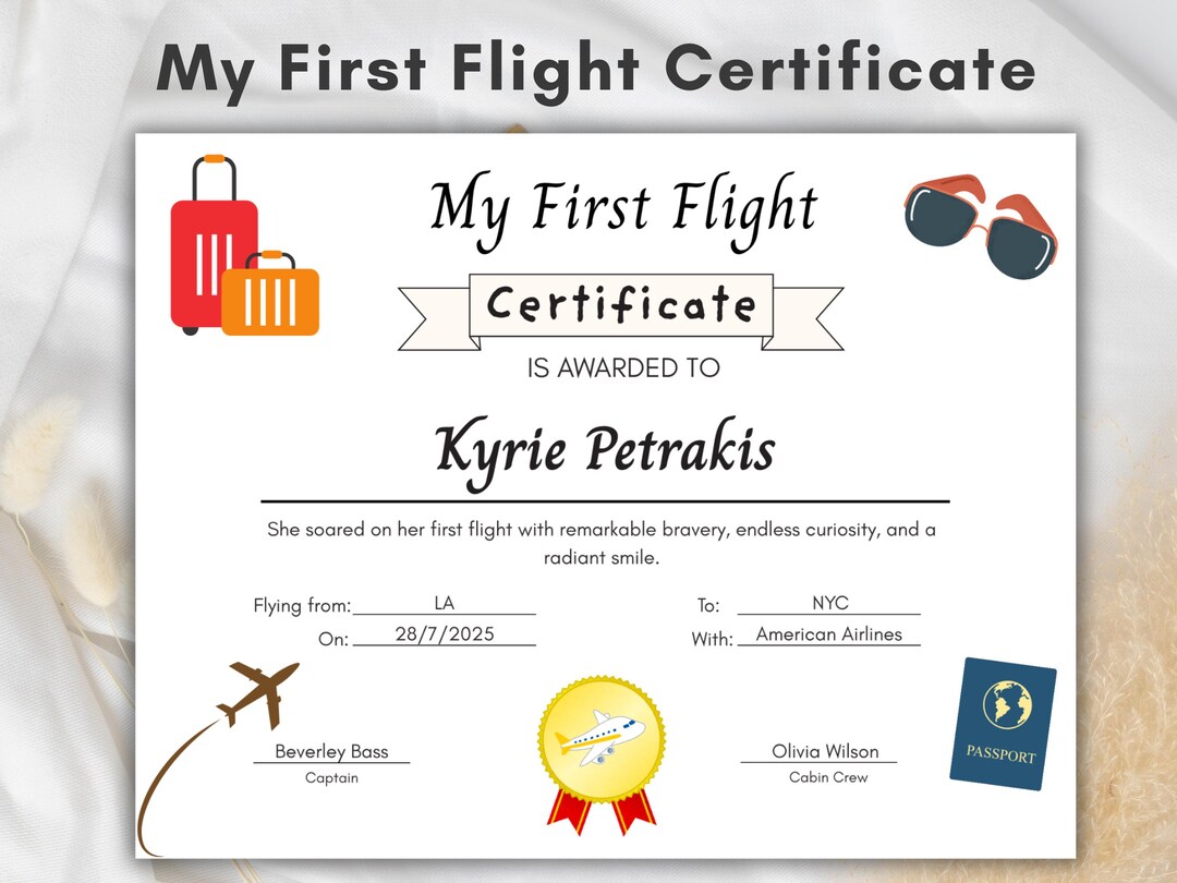 My First Flight Certificate for Kids, Toddler Certificate, First ...