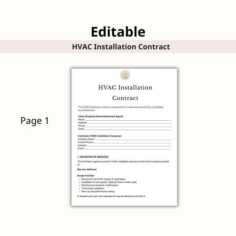 Editable HVAC Installation Contract Template, HVAC Service Agreement ...