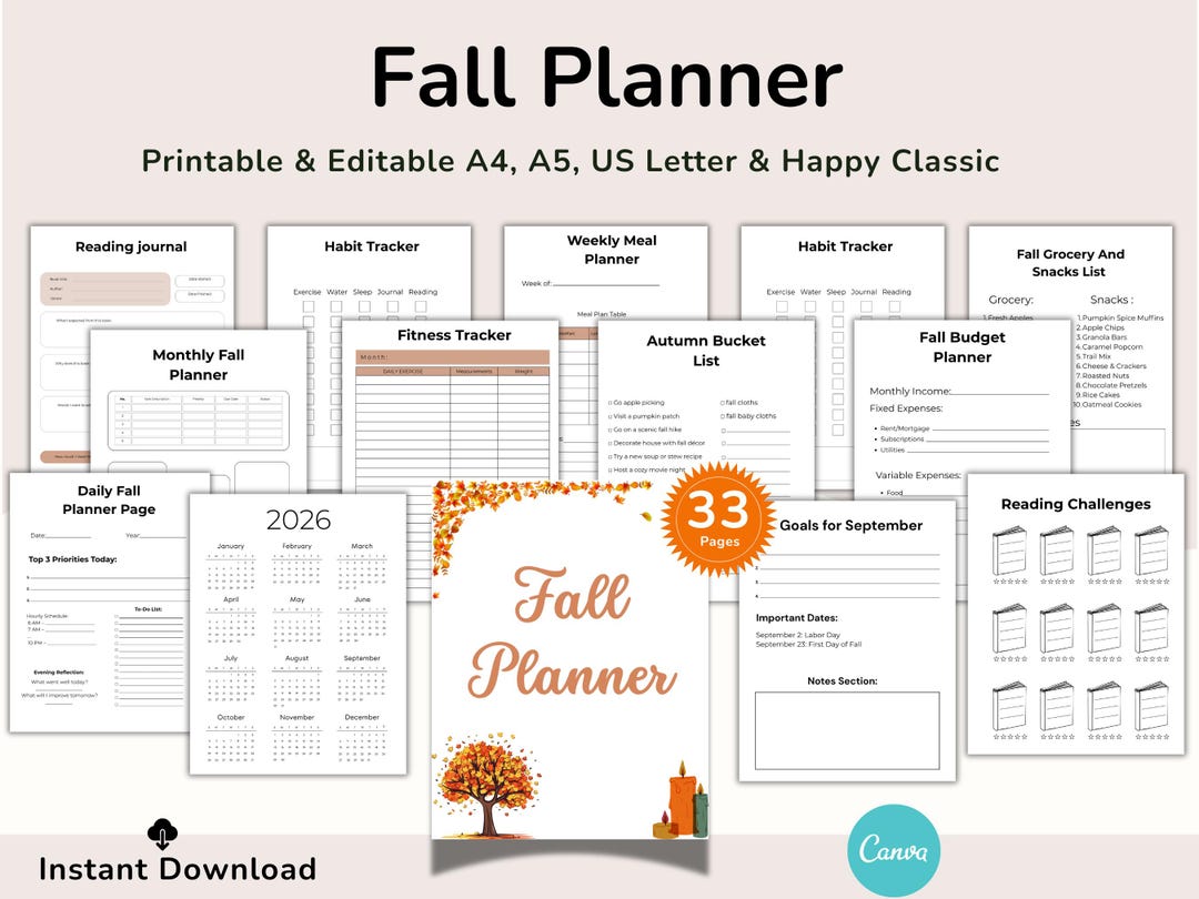 Editable Fall Planner Pages, Fall Bucket List, Journal Reading, Weekly ...