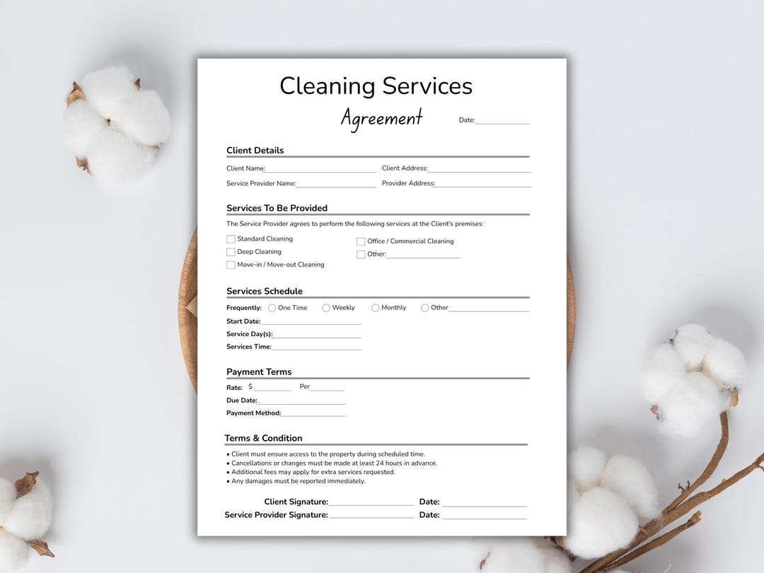 Cleaning Service Agreement Template, Cleaning Agreement, Housekeeper ...