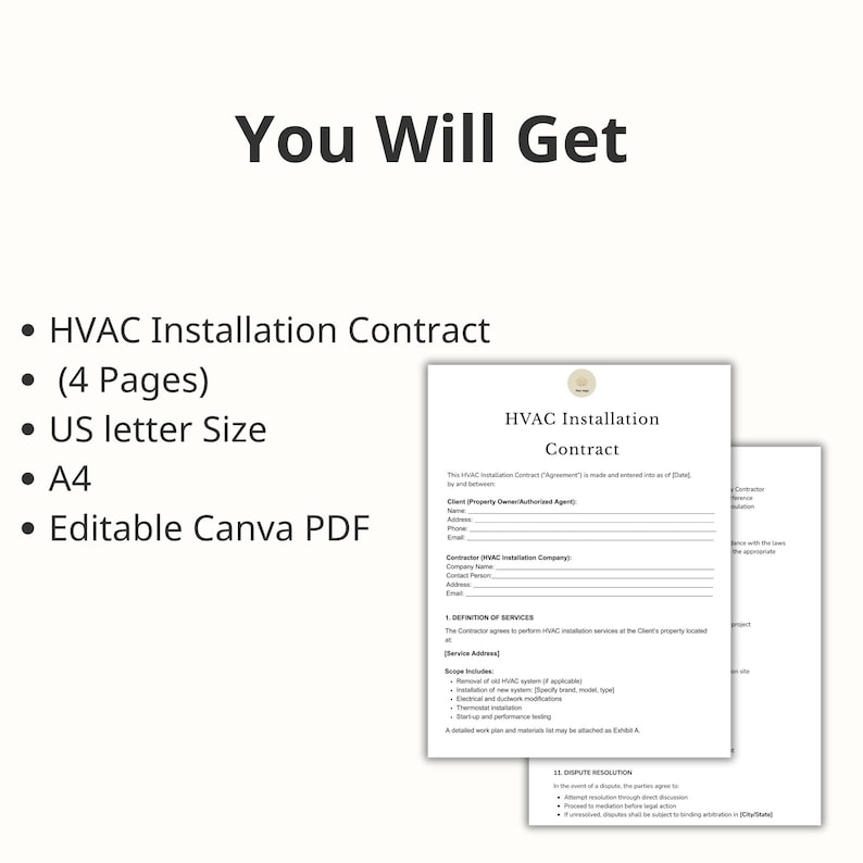 Editable HVAC Installation Contract Template, HVAC Service Agreement ...