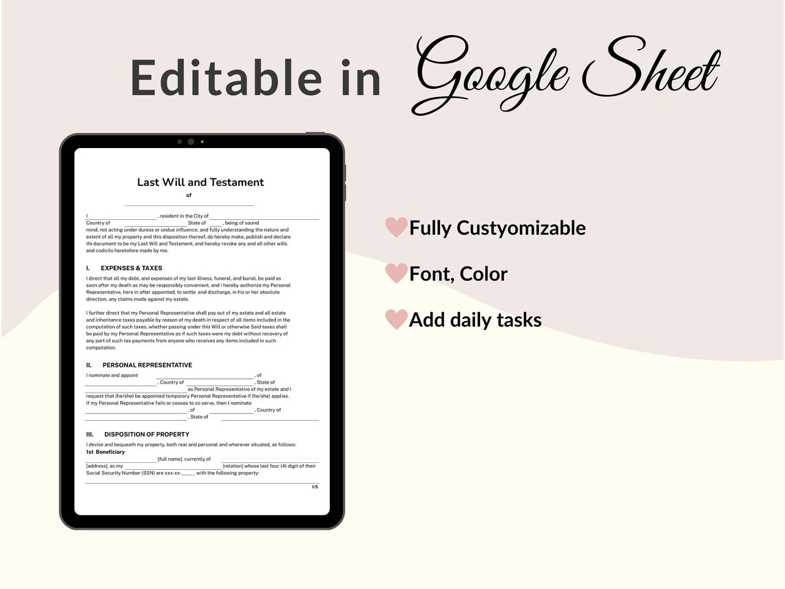 Last Will and Testament, End of Life Planner, Legal Document, Simple ...