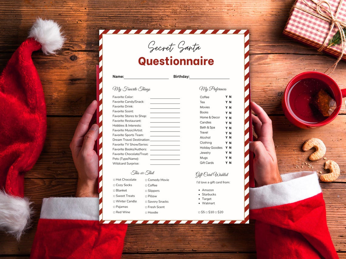 Printable Secret Santa Questionnaire, Gift Questionnaire, Secret Santa ...