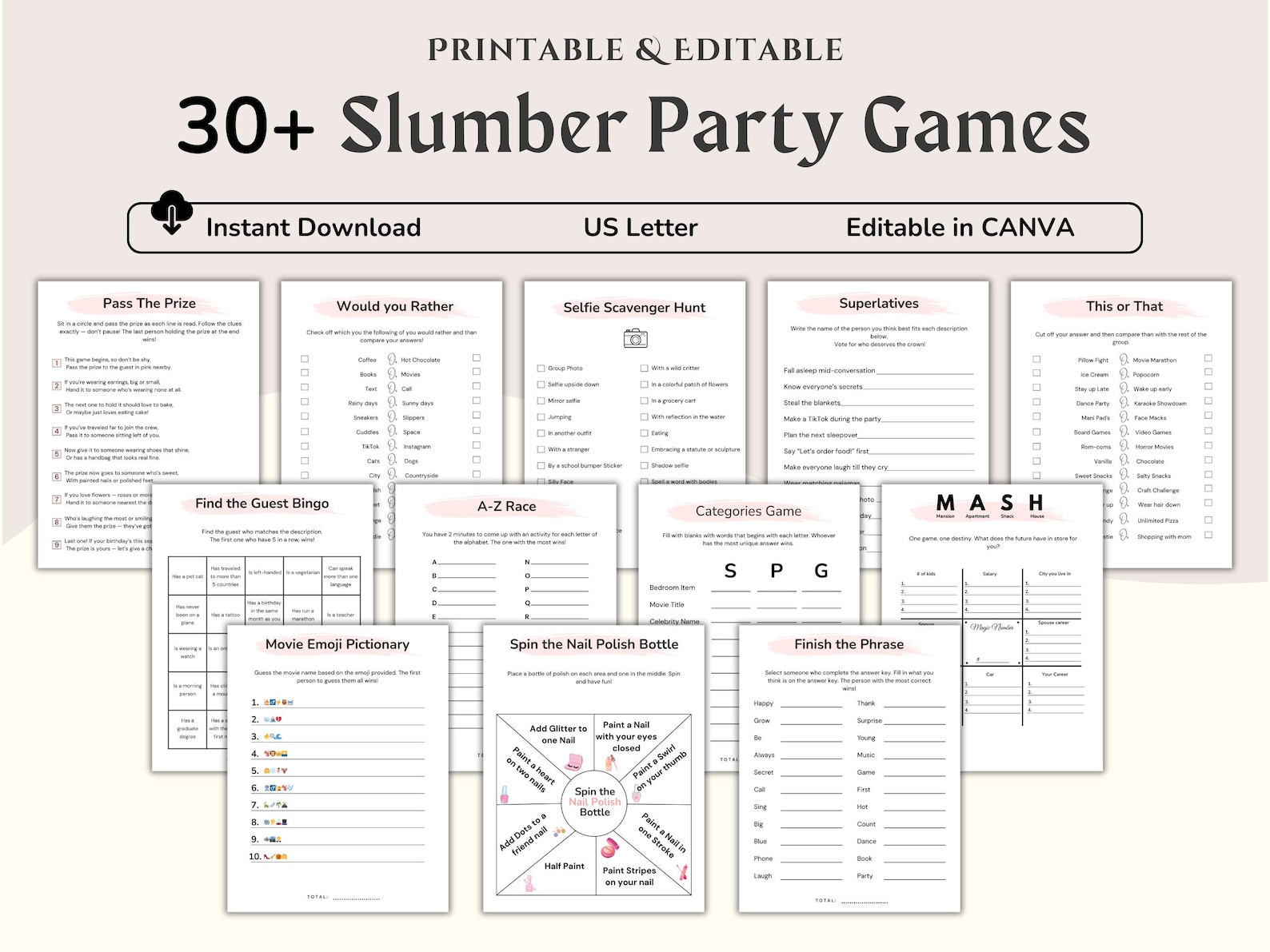 Slumber Party Games Bundle, Tween Sleepover Party, Slumber Party Bingo ...