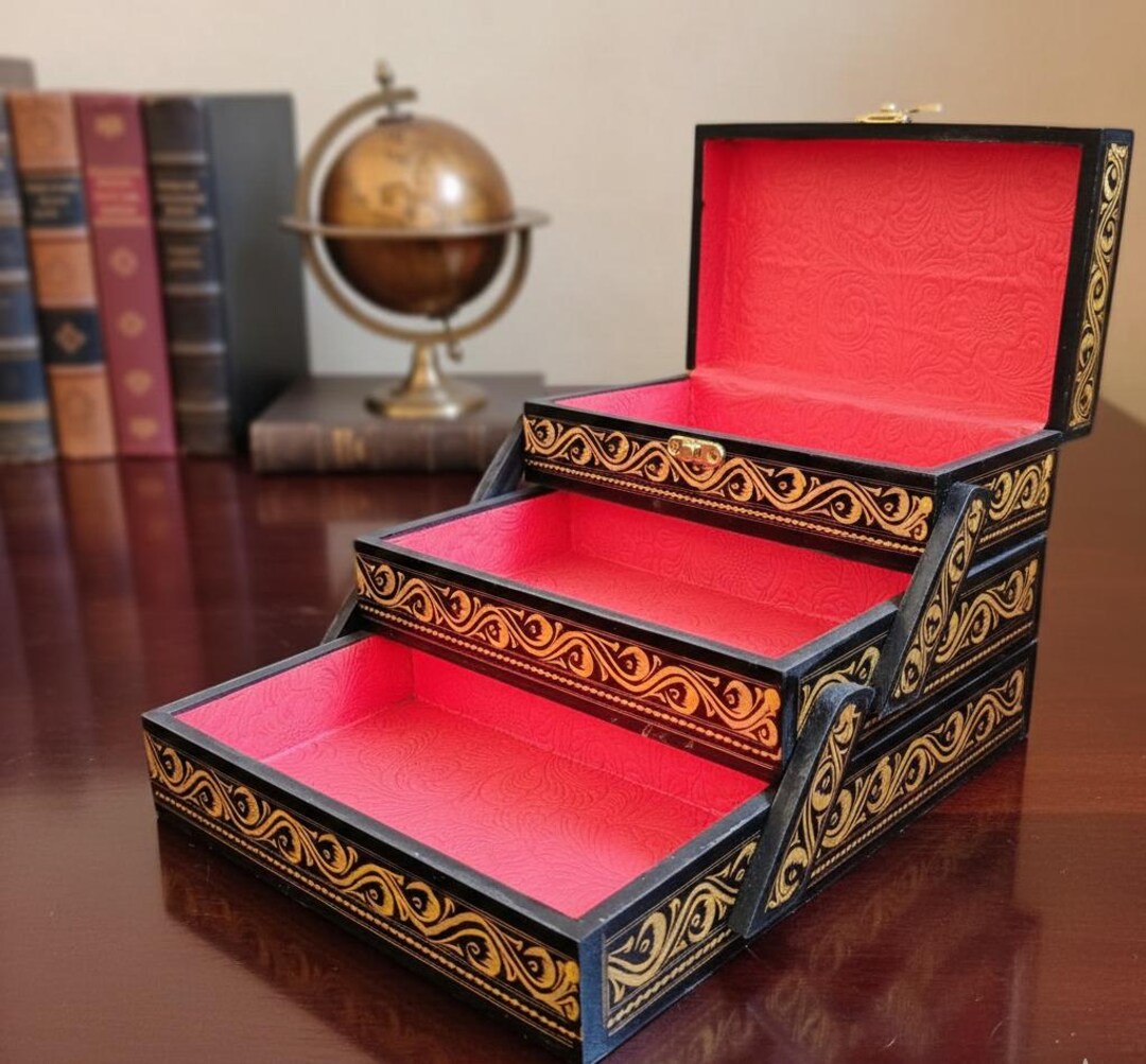3 Layer Vintage Wooden Jewellery Box Large Decorative Jewellery Storage ...