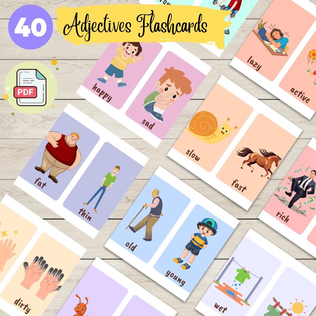 Adjective Flashcards, Kids Learning Cards, Kindergarten Learning Cards ...