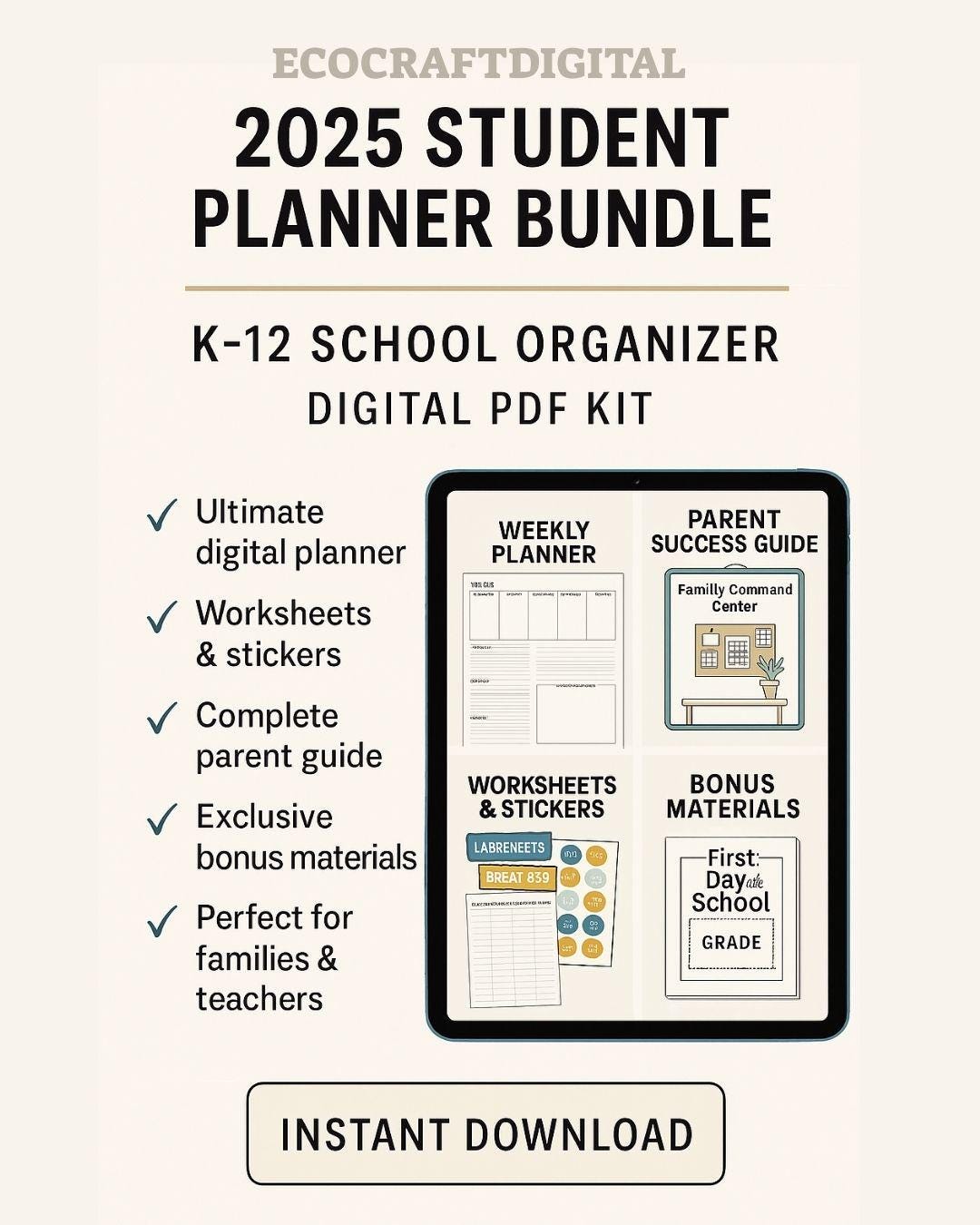 2025 Student Planner Bundle K-12 School Organizer Digital PDF Kit Home ...