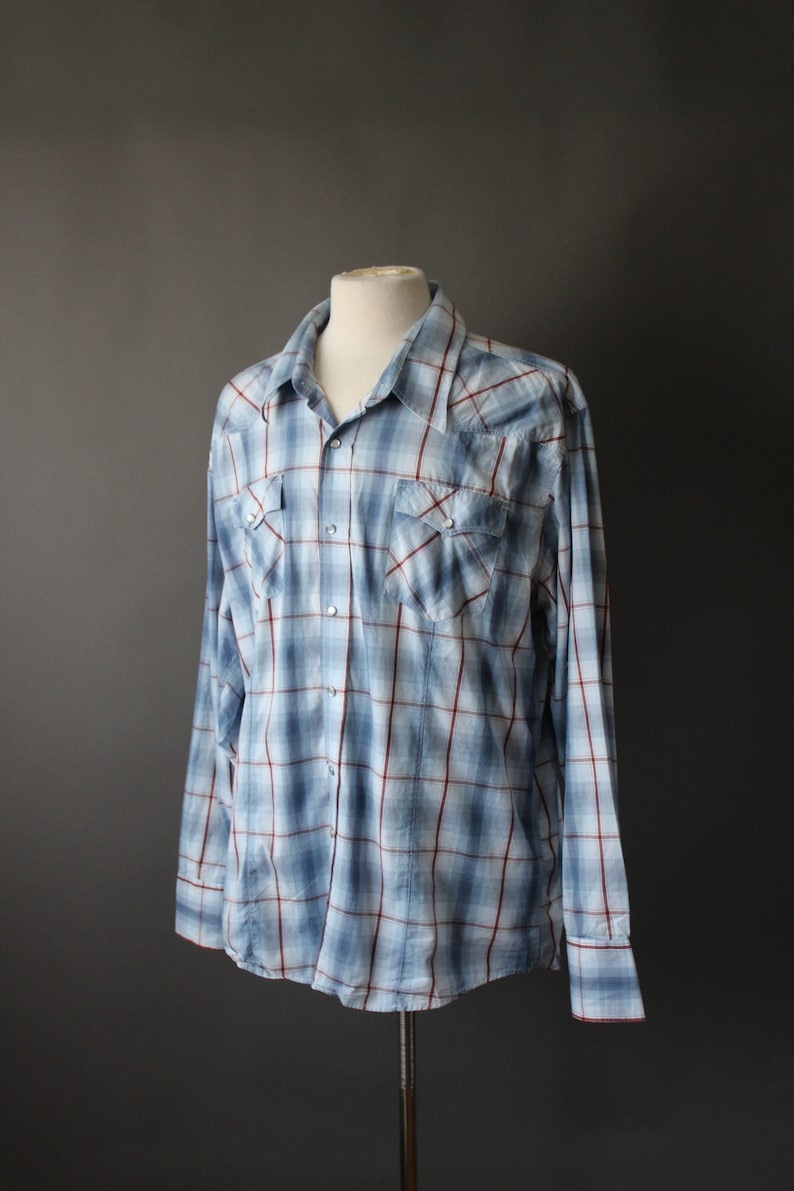 Mens Western Shirt. Snap Button Shirt. Vintage. Blue Red Plaid Shirt ...