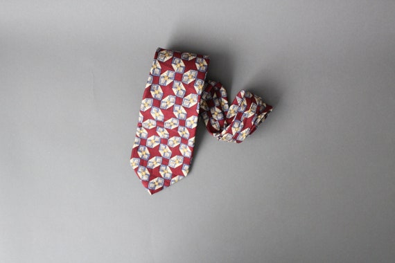 Mens Dress Tie. Red Navy Gold Geo Pattern Tie. Silk T… - Gem
