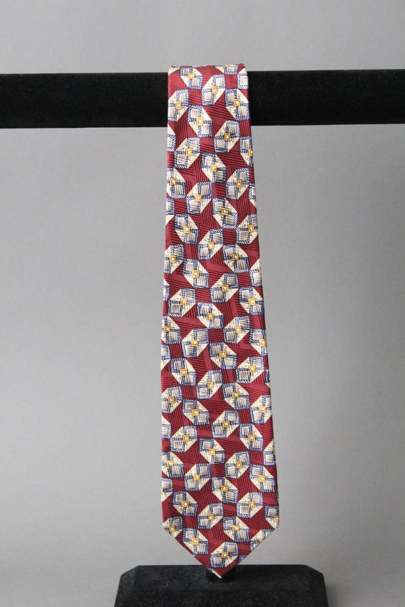 Mens Dress Tie. Red Navy Gold Geo Pattern Tie. Silk T… - Gem