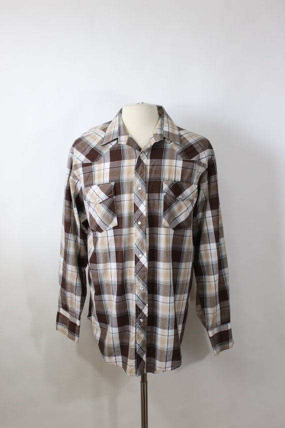 Roper Snap Western Shirt. Vintage. Brown Beige Blue S… - Gem