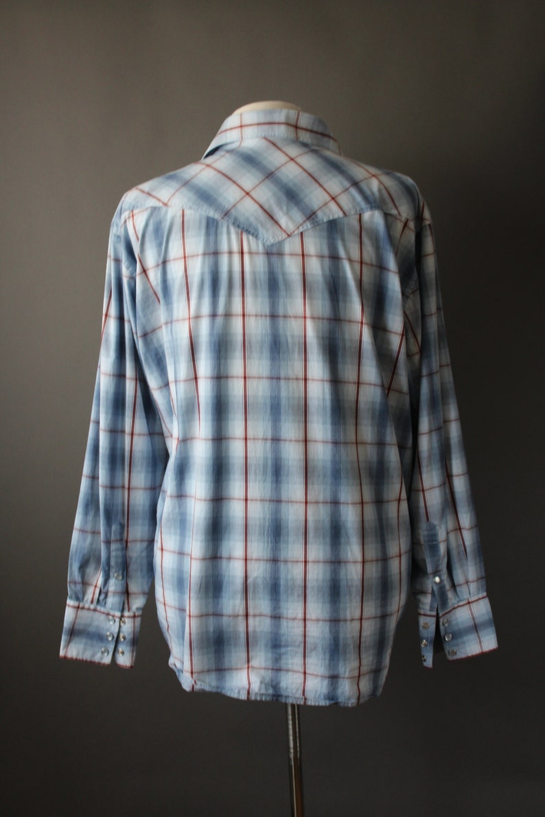 Mens Western Shirt. Snap Button Shirt. Vintage. Blue Red Plaid Shirt ...