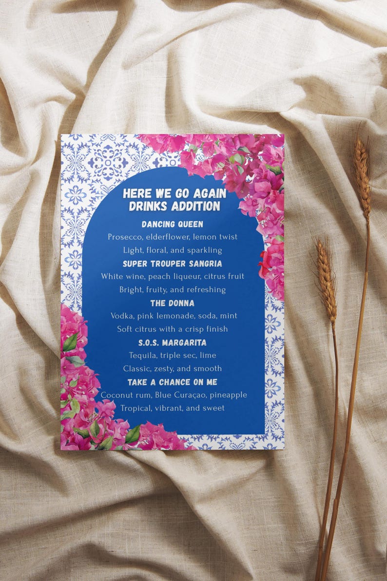 Mamma Mia Drinks Menu Canva Template | Abba-inspired Cocktail Sign ...