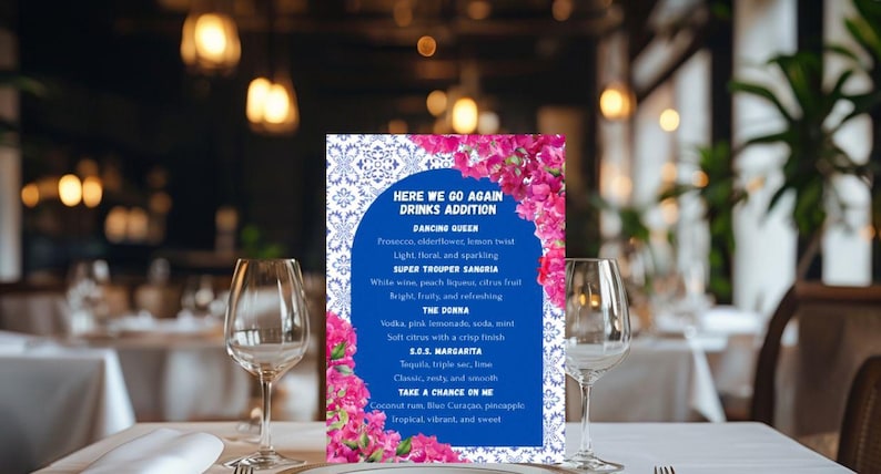 Mamma Mia Drinks Menu Canva Template | Abba-inspired Cocktail Sign ...