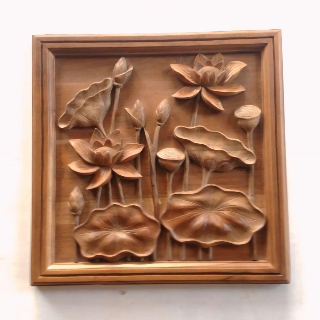 Teak Wood Wall Decoration With Lotus Flower Carving, Jepara Carving ...