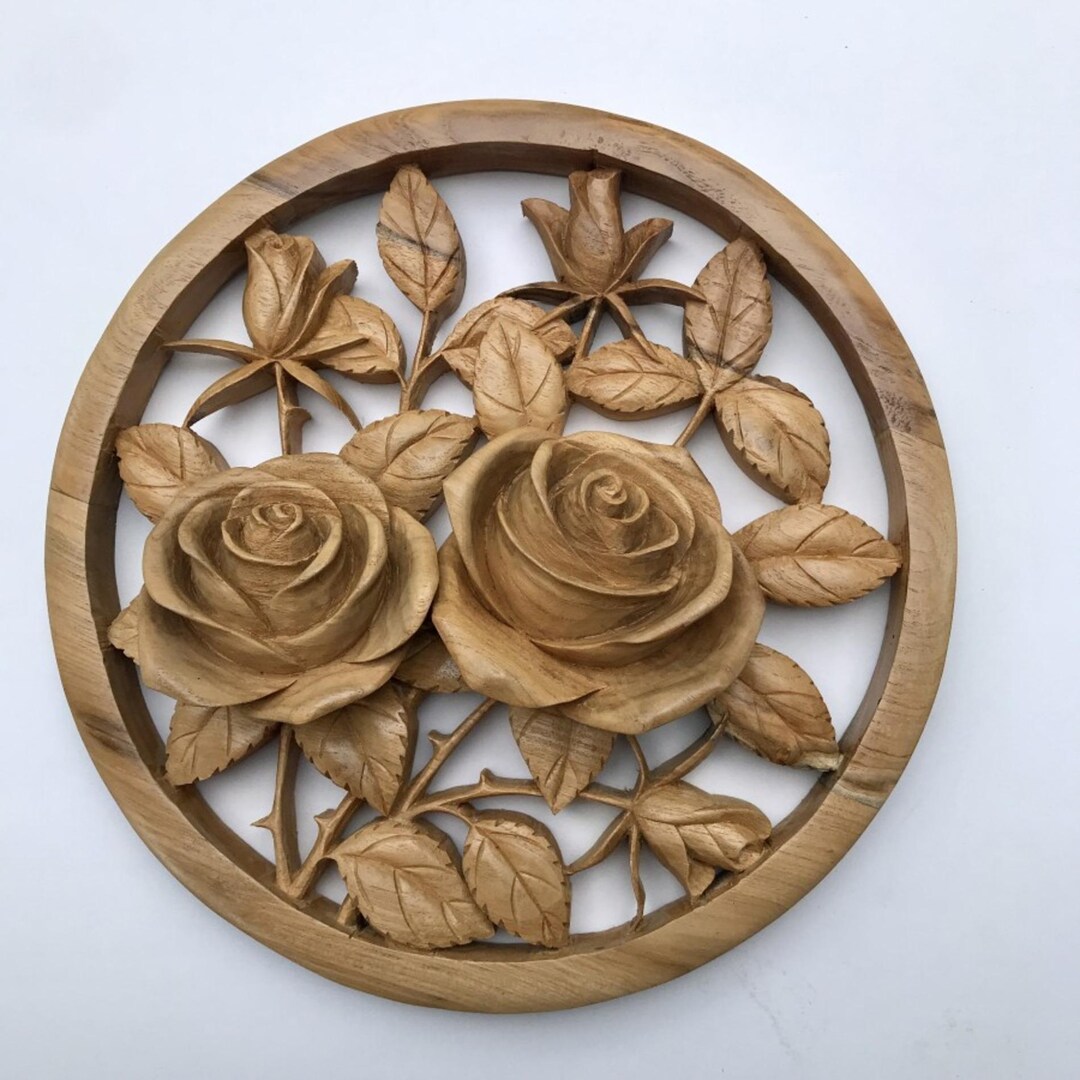 Wood Carved Wall Decor Rose Flower Shape - 40cm – Jepara Hand-carved ...