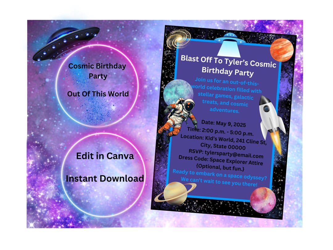 Cosmic Birthday Party. Editable Cosmic Party Template. Edit in Canva ...
