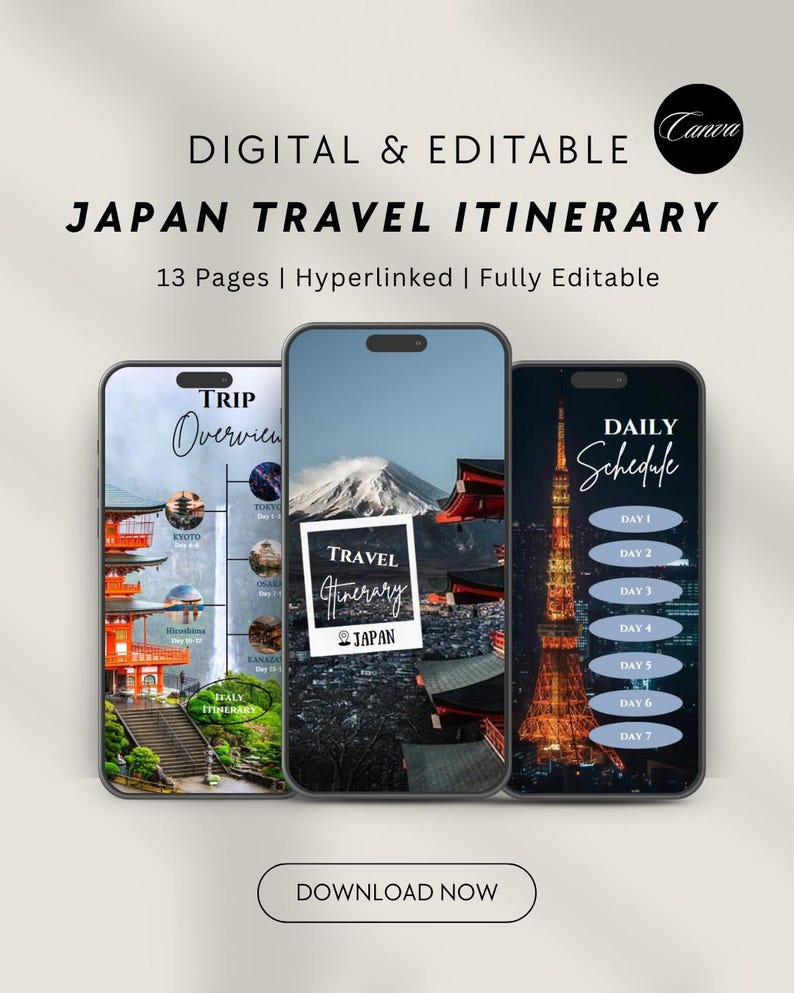 Japan Travel Itinerary Template Canva | Editable Mobile Travel Planner ...