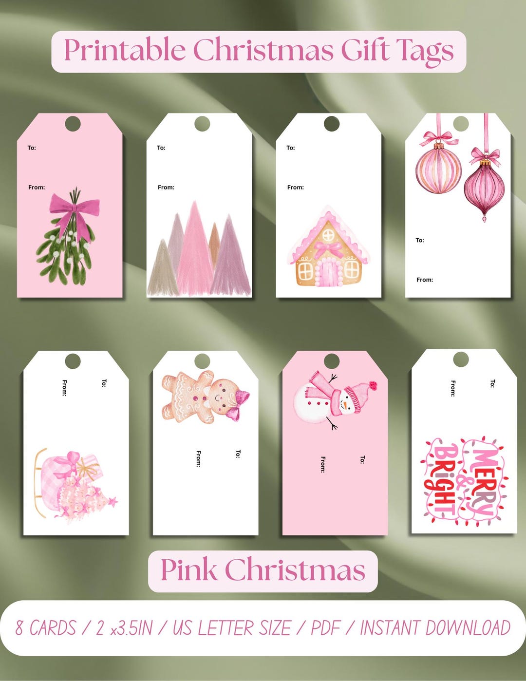 Pink Christmas Gift Tags | Printable Holiday Labels (digital Download ...