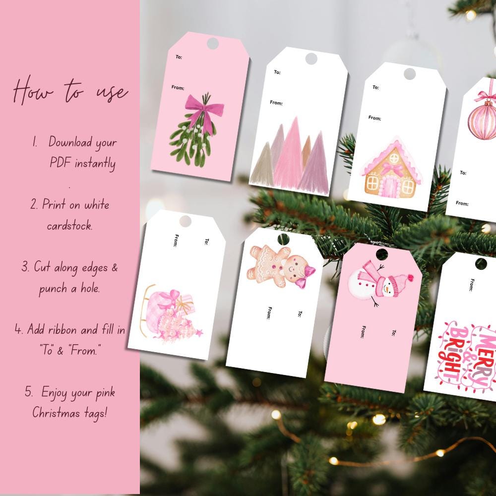 Pink Christmas Gift Tags | Printable Holiday Labels (digital Download ...