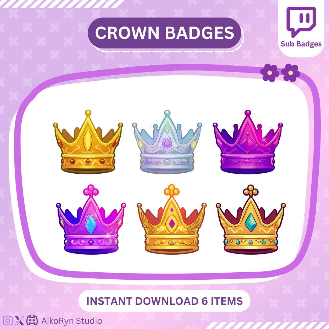 Kawaii Crown Sub Badges for Twitch, Cute Colorful Royalty Badges for ...