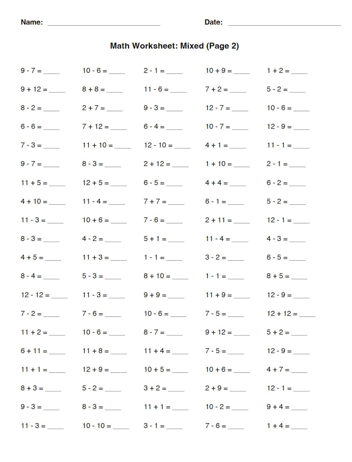 10 Mixed Addition & Subtraction Worksheets | 100 Problems per Page ...