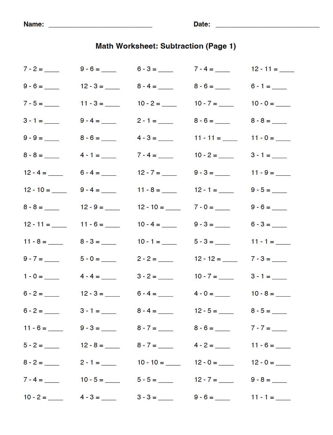 Subtraction Math Worksheets: 10 Pages, 100 Problems (printable PDF) - Etsy