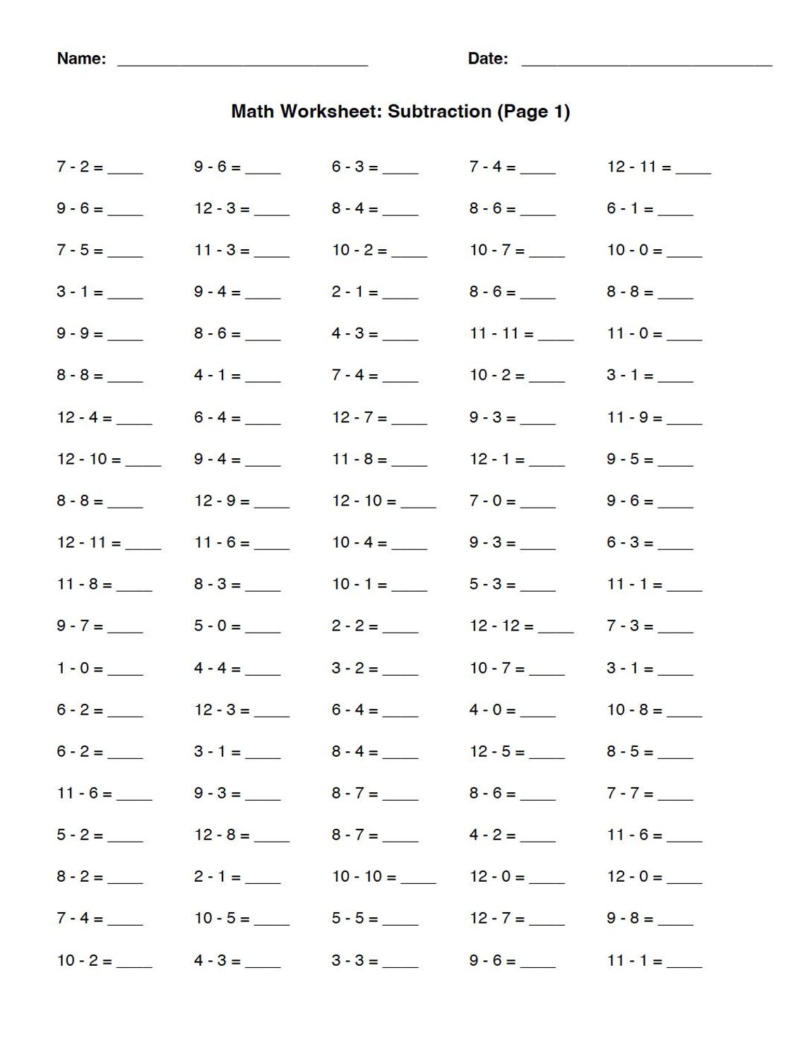 10 Subtraction Math Worksheets | 100 Problems per Page | Math Drills ...