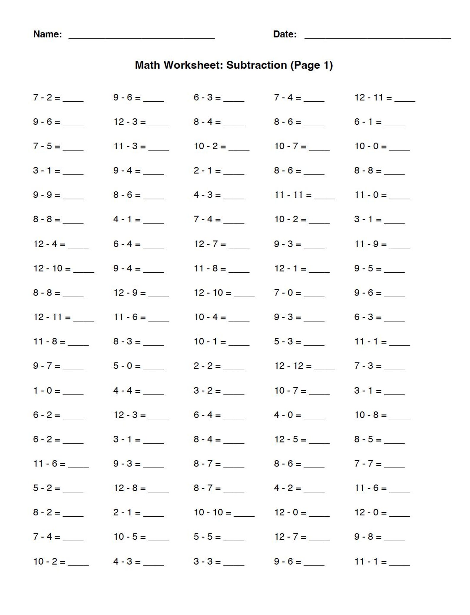 10 Subtraction Math Worksheets | 100 Problems per Page | Math Drills ...