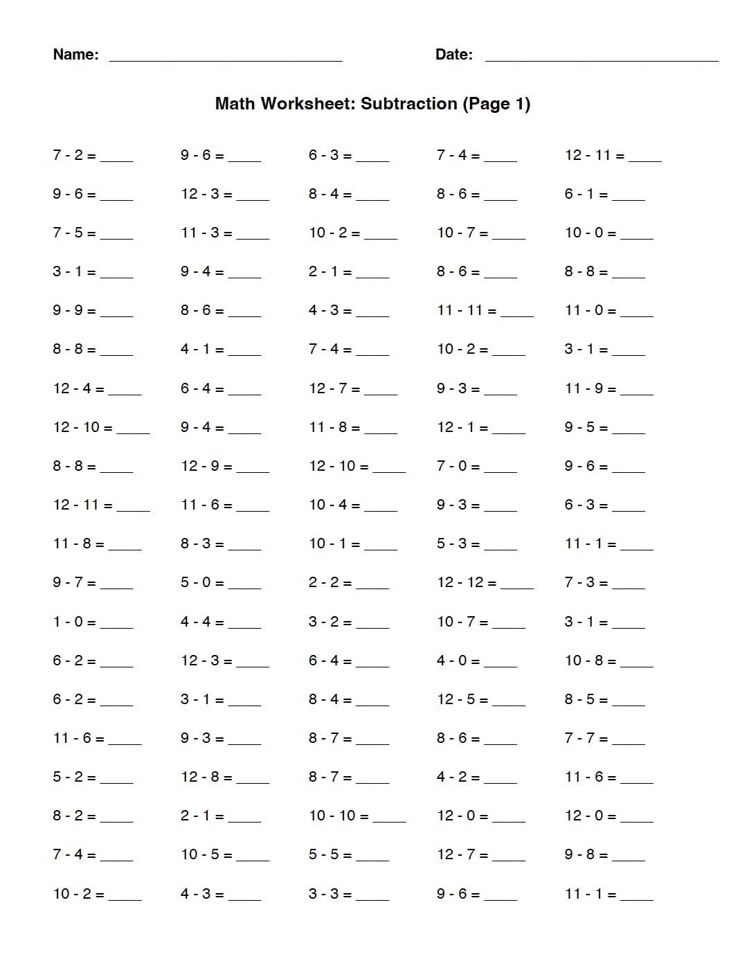 10 Subtraction Math Worksheets | 100 Problems per Page | Math Drills ...