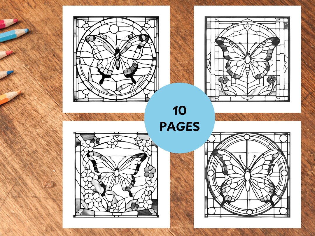 Stained Glass Butterfly Coloring Pages: 10 Printable Sheets (instant ...