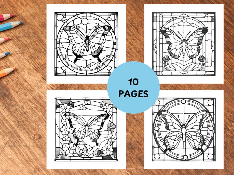 Stained Glass Butterfly Coloring Pages: 10 Printable Sheets (instant ...