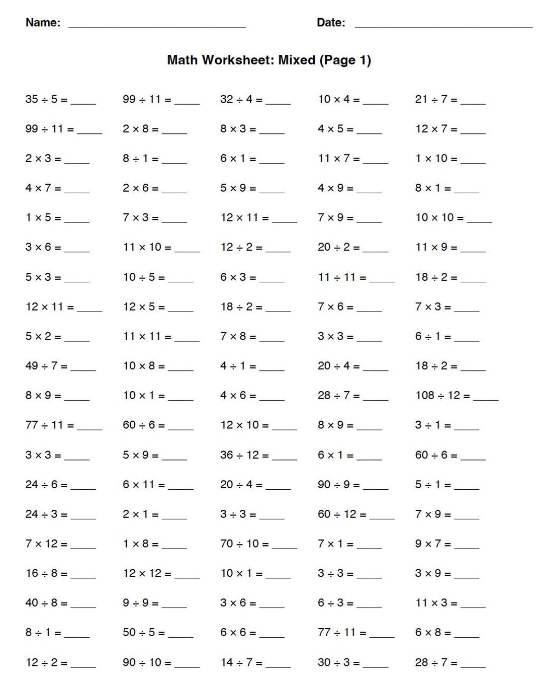Multiplication & Division Worksheets: Math Drills, 100 Problems ...