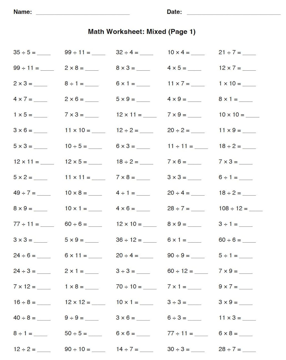 Multiplication & Division Worksheets: Math Drills, 100 Problems ...