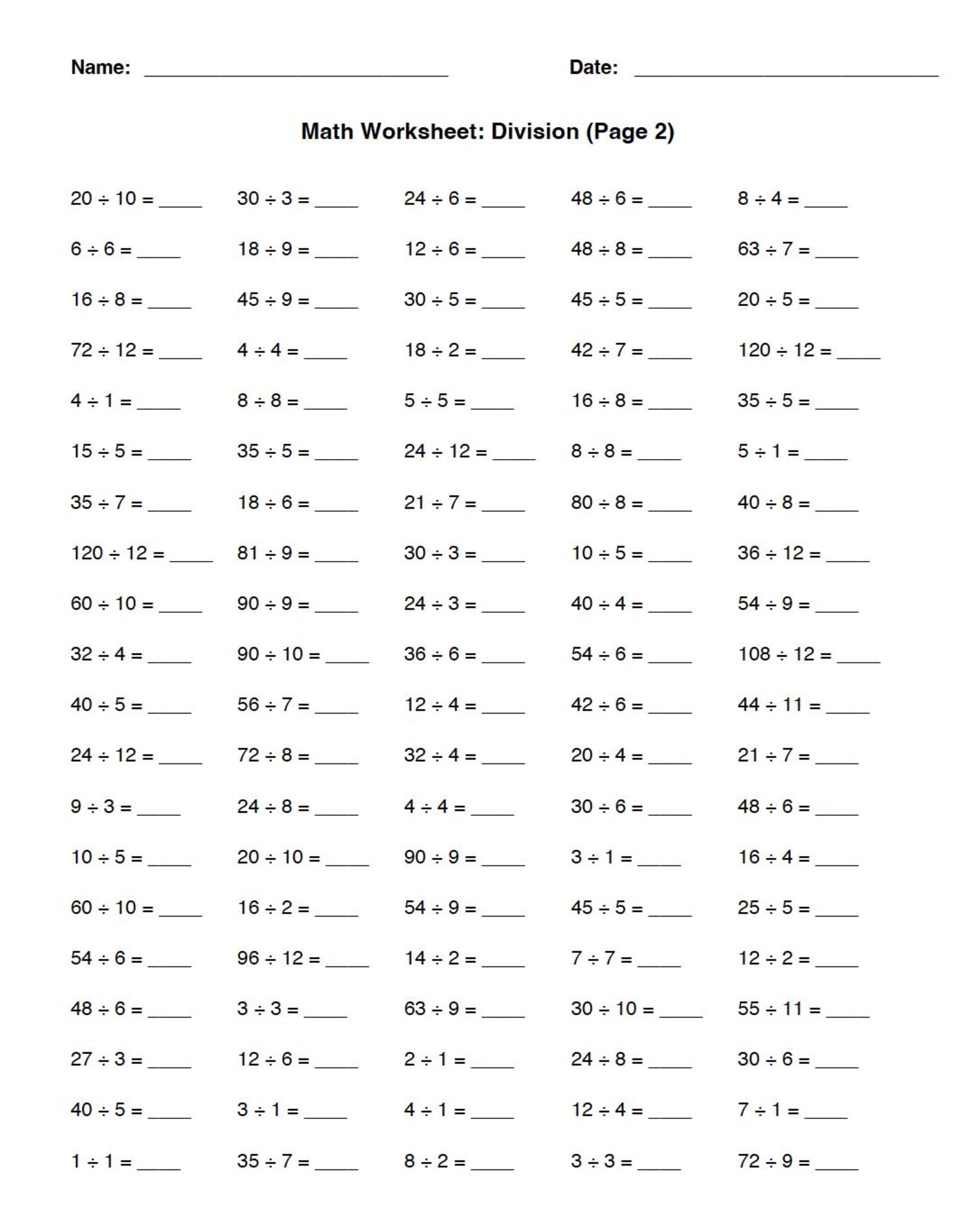 10 Division Math Worksheets | 100 Problems per Page | Math Drills ...