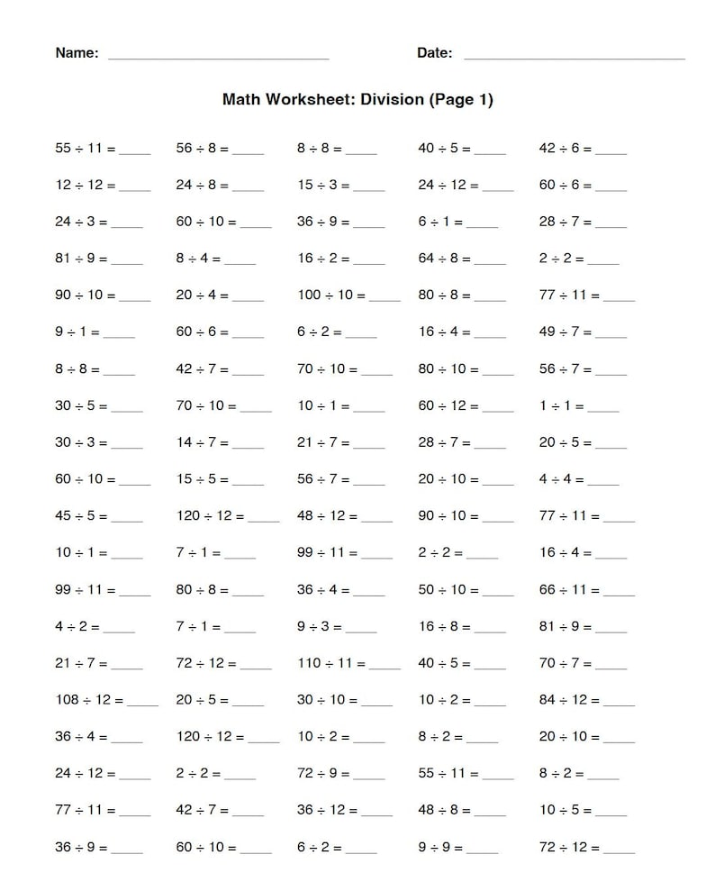 10 Division Math Worksheets | 100 Problems per Page | Math Drills ...